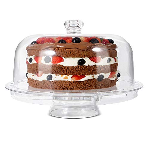 MASTERTOP Cake Stand with Dome Cover - 6 in 1 Multi-Functional Serving Platter/Cake Plate/Salad Bowl/Nachos/Punch Bowl, Wedding Cake Stands for Dessert Table,2 pcs Spoons, BPA Free (Acrylic)