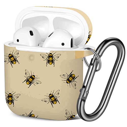 [ Compatible with AirPods 2 and 1 ] Shockproof Soft TPU Gel Case Cover with Keychain Carabiner for Apple AirPods (Honey Bee)