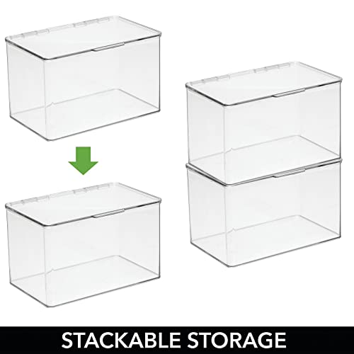 mDesign Small Plastic Home Office Storage Organizer Box Containers with Hinged Lid for Desktops - Holds Pens, Pencils, Sticky Notes, Highlighters, Staples, Supplies - Lumiere Collection, 4 Pack, Clear