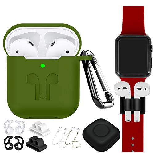 AirPods Case Cover Compatible Apple Airpods 2 & 1[Front LED Visible],9 in 1 Kits Airpods Accessories Protective Silicone Skin with Airpods Watch Band Holder/Ear Hook/Strap/Clip/Keychain-Olive Green