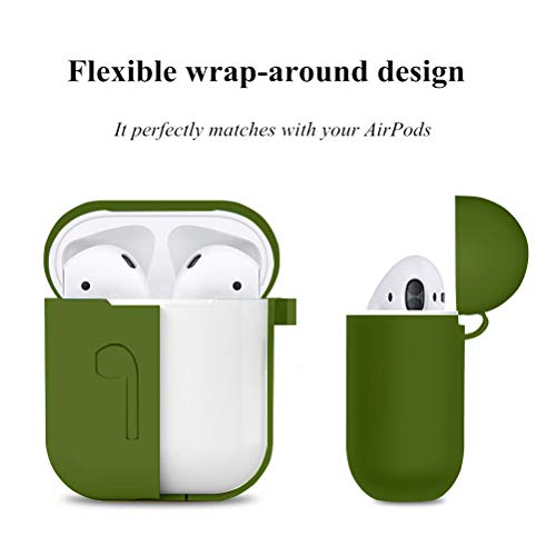 AirPods Case Cover Compatible Apple Airpods 2 & 1[Front LED Visible],9 in 1 Kits Airpods Accessories Protective Silicone Skin with Airpods Watch Band Holder/Ear Hook/Strap/Clip/Keychain-Olive Green