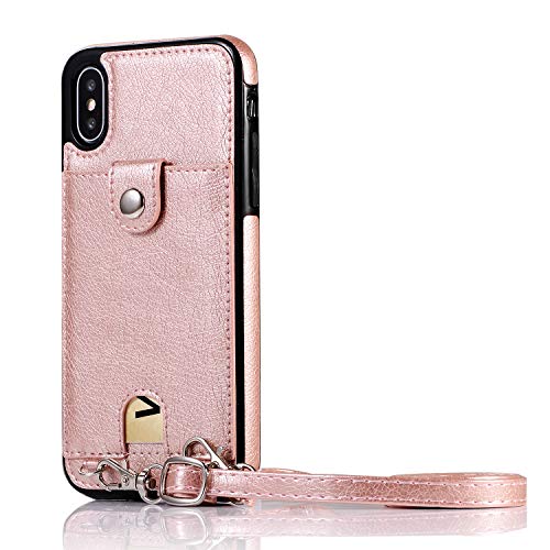 Jaorty PU Leather Wallet Case for iPhone XS Max Necklace Lanyard Case Cover with Card Holder Adjustable Detachable Anti-Lost Neck Strap for Apple iPhone XS Max,Pink