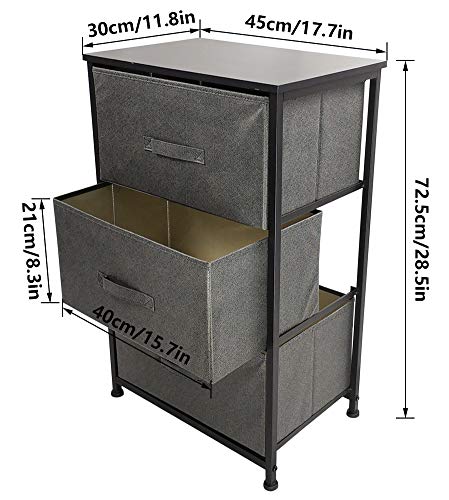 KKTONER Nightstand Dresser Storage Tower Organizer with 3 Drawer Vertical Dresser Foldable Pull Fabric Bins for Bedroom Entryway (Gray)