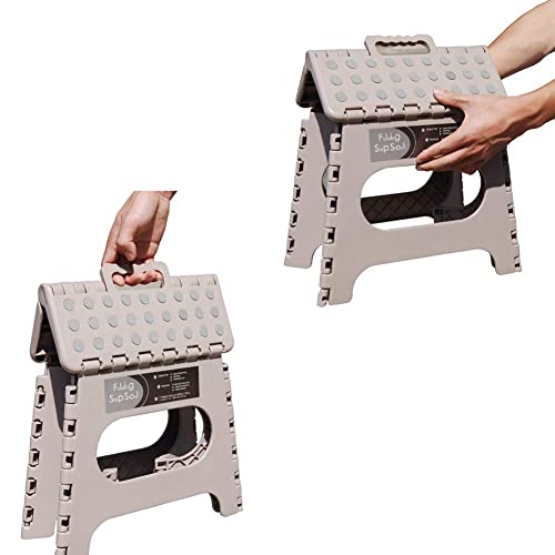 Non-Slip Folding Step Stool, Sturdy Safe Enough - Holds up to 300 Lb - 11 inch Footstool for Adults or Kids, Folding Ladder Storage/Opens Easy, for Kitchen,Toilet,Camping (Light Tan, 11'')