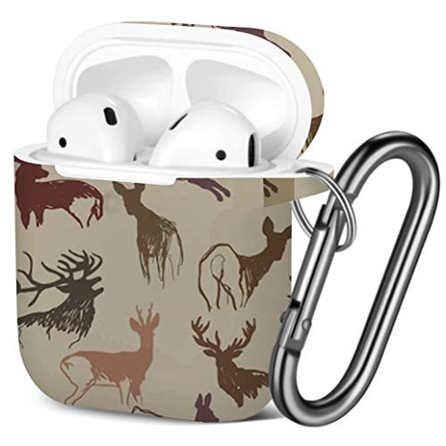 [ Compatible with AirPods 2 and 1 ] Shockproof Soft TPU Gel Case Cover with Keychain Carabiner for Apple AirPods (Deer Doe Autumn)