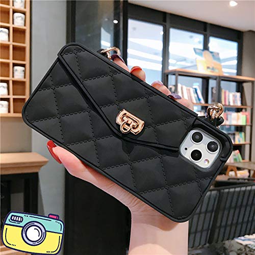 UnnFiko Wallet Case Compatible with iPhone 11, Cute Light Luxury Bag Design, Purse Flip Card Pouch Cover Soft Silicone Case with Handstrap Long Shoulder Strap (Black, iPhone 11)