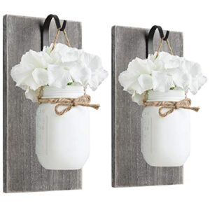 mkono mason jar wall sconces rustic sconces wall decor set of 2 farmhouse mason jars bathroom decor wood boards with fairy lights and flowers fall wall decor for home kitchen living room, white