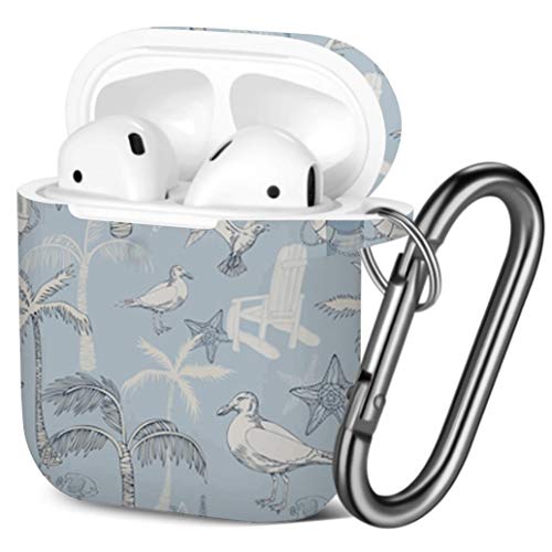 [ Compatible with AirPods 2 and 1 ] Shockproof Soft TPU Gel Case Cover with Keychain Carabiner for Apple AirPods (Sea Beach Theme)