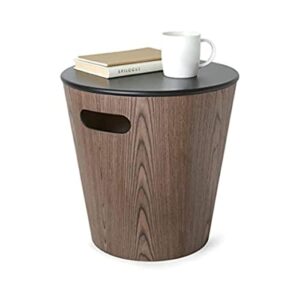 umbra woodrow storage, modern round ottoman with natural wood base, for small spaces, medium, walnut/black