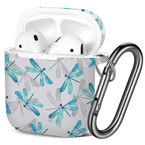 [ Compatible with AirPods 2 and 1 ] Shockproof Soft TPU Gel Case Cover with Keychain Carabiner for Apple AirPods (Dragonfly Blue Watercolor)