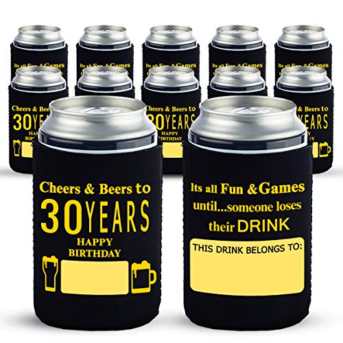 Yangmics Direct 30th Birthday Can Cooler Sleeves Pack of 12- Dirty 30 Birthday Party Supplies - Black and Gold Thirtieth Birthday Cup Coolers