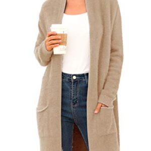 QIXING 2022 Women's Casual Open Front Knit Cardigans Long Sleeve Plush Sweater Coat with Pockets Khaki-Medium