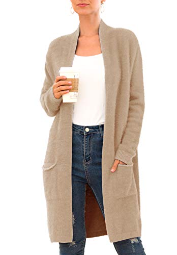 QIXING 2022 Women's Casual Open Front Knit Cardigans Long Sleeve Plush Sweater Coat with Pockets Khaki-Medium