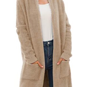 QIXING 2022 Women's Casual Open Front Knit Cardigans Long Sleeve Plush Sweater Coat with Pockets Khaki-Medium