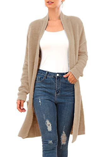 QIXING 2022 Women's Casual Open Front Knit Cardigans Long Sleeve Plush Sweater Coat with Pockets Khaki-Medium