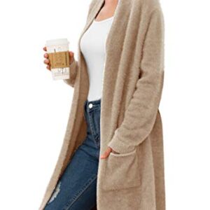 QIXING 2022 Women's Casual Open Front Knit Cardigans Long Sleeve Plush Sweater Coat with Pockets Khaki-Medium