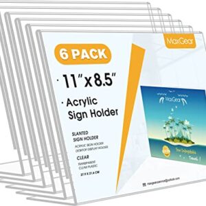 MaxGear Acrylic Sign Holder 8.5x11 inches 6 Pack, Horizontal Sign Holders Clear Paper Display Stand, Slant Back Flyer Frames Table Top Menu Document Holder for Office, Store, Restaurants - Landscape