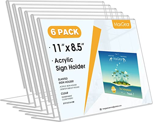 MaxGear Acrylic Sign Holder 8.5x11 inches 6 Pack, Horizontal Sign Holders Clear Paper Display Stand, Slant Back Flyer Frames Table Top Menu Document Holder for Office, Store, Restaurants - Landscape