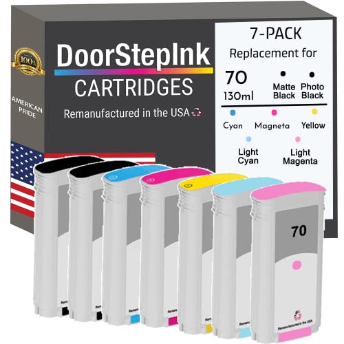 DoorStepInk Remanufactured in The USA Ink Cartridge Replacements for HP 70 130ml Matte Black Photo Black Cyan Magenta Yellow Light Magenta Light Cyan 7Pk for HP DesignJet Z2100 Z3100 Z3200 Z5400