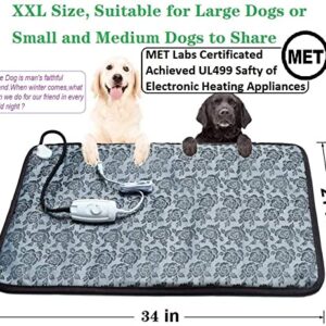 XXL Large Dog Bed Outdoor or Home,Electric Heating Mat for Dog House Crate Pad for Small Medium Pet Cat Puppy Waterproof Easy Clean Long Chew Proof Cord Gray,34inx21in,30-60W