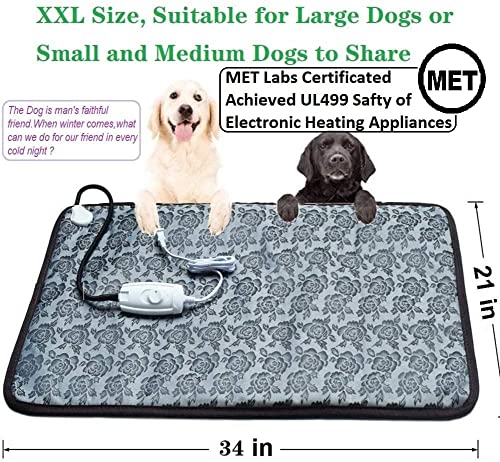 XXL Large Dog Bed Outdoor or Home,Electric Heating Mat for Dog House Crate Pad for Small Medium Pet Cat Puppy Waterproof Easy Clean Long Chew Proof Cord Gray,34inx21in,30-60W