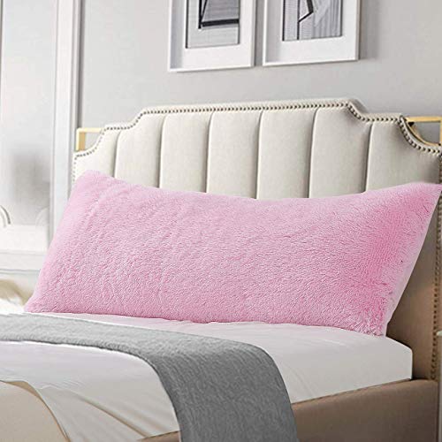 Reafort Luxury Long Hair, PV Fur, Faux Fur Body Pillow Cover/Case 21"x54" with Zipper Closure(Pink, 21"X54" Pillow Cover)