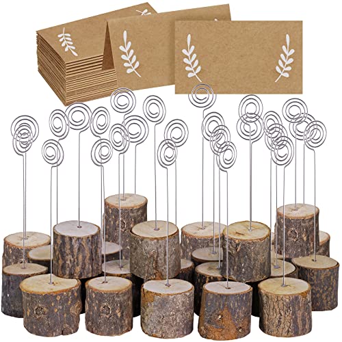 30 Pcs Rustic Wood Place Card Holders with Swirl Wire Wooden Bark Memo Holder Stand Card Photo Picture Note Clip Holders 5.8" and Kraft Place Cards Bulk for Wedding Party Table Number Name Sign