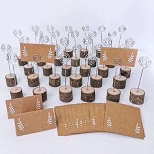 30 Pcs Rustic Wood Place Card Holders with Swirl Wire Wooden Bark Memo Holder Stand Card Photo Picture Note Clip Holders 5.8" and Kraft Place Cards Bulk for Wedding Party Table Number Name Sign