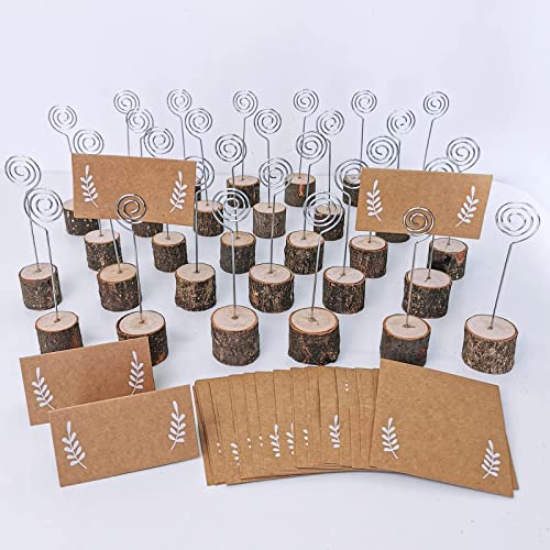 30 Pcs Rustic Wood Place Card Holders with Swirl Wire Wooden Bark Memo Holder Stand Card Photo Picture Note Clip Holders 5.8" and Kraft Place Cards Bulk for Wedding Party Table Number Name Sign