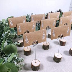 30 Pcs Rustic Wood Place Card Holders with Swirl Wire Wooden Bark Memo Holder Stand Card Photo Picture Note Clip Holders 5.8" and Kraft Place Cards Bulk for Wedding Party Table Number Name Sign