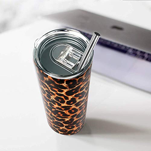 Stainless Steel Tumbler with Straw and Lid, Vacuum Insulated Double Wall Cup for Coffee, Tea, Beverages(Leopard, 20 oz)