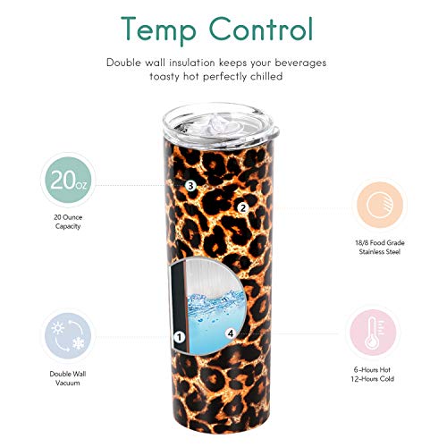 Stainless Steel Tumbler with Straw and Lid, Vacuum Insulated Double Wall Cup for Coffee, Tea, Beverages(Leopard, 20 oz)