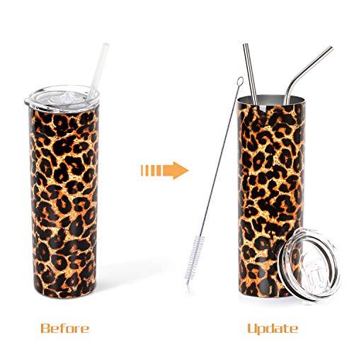 Stainless Steel Tumbler with Straw and Lid, Vacuum Insulated Double Wall Cup for Coffee, Tea, Beverages(Leopard, 20 oz)