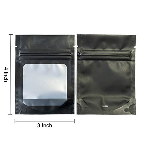 HANSER | Smell Proof Odorless Mylar Resealable Foil Pouch Bags with clear Window | Stand up bottom | Airtight | matte black | 100 Pieces | 3x4 inches