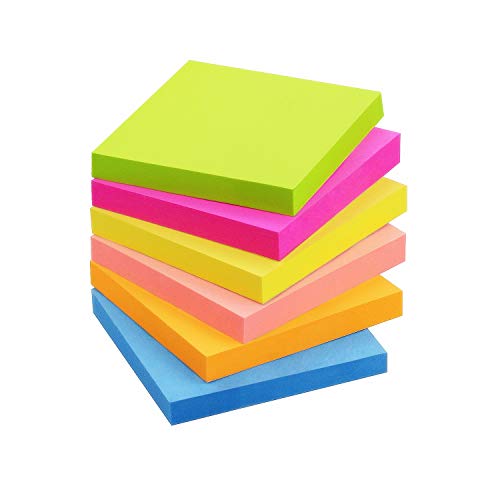 Sticky Notes 3x3 inch Bright Colors with Pink Self-Stick Pads 6 Pads/Pack 100 Sheets/Pad Total 600 Sheets