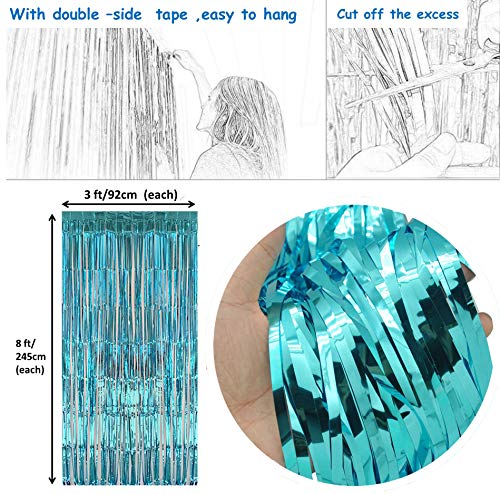 Moohome 4 Pack 3ft x 8ft Aquamarine Foil Fringe Curtain, Tinsel Door Fringe Backdrop Curtain for Birthday Wedding Engagement Graduation Celebration Bachelorette Party Decorations