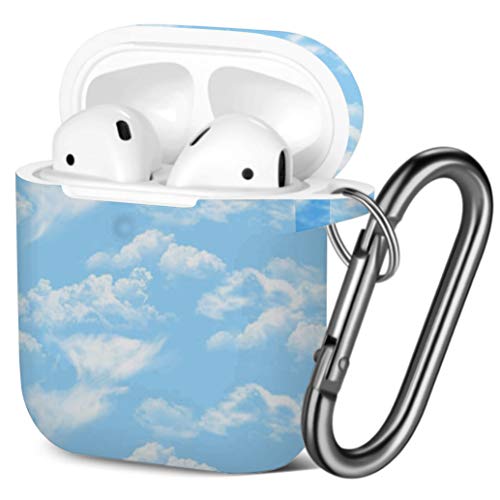 [ Compatible with AirPods 2 and 1 ] Shockproof Soft TPU Gel Case Cover with Keychain Carabiner for Apple AirPods (Clouds)