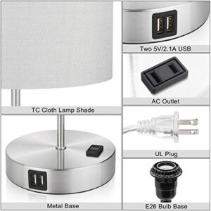 SHINE HAI Touch Control Table Lamp, 3 Way Dimmable Bedside Desk Lamp with 2 USB Ports and AC Outlet, Nightstand Lamp for Bedroom Living Room, Modern Office Lamp, Silver Base, 60W LED Bulb Included