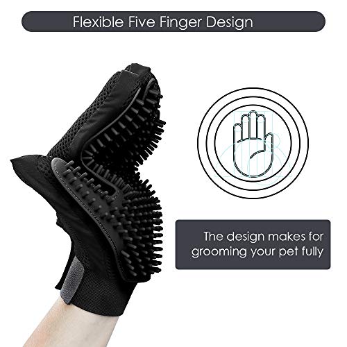 Upgrade Version Pet Grooming Glove - Gentle Deshedding Brush Glove - Efficient Pet Hair Remover Mitt - Enhanced Five Finger Design - Perfect for Dog & Cat with Long & Short Fur - 1 Pair (Black)