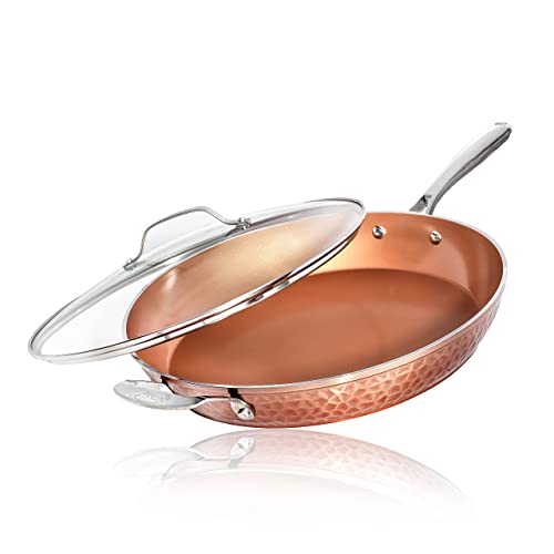 Gotham Steel Hammered Copper Collection – 10” Nonstick Fry Pan with Lid, Premium Cookware, Aluminum Composition with Induction Plate for Even Heating, Dishwasher & Oven Safe