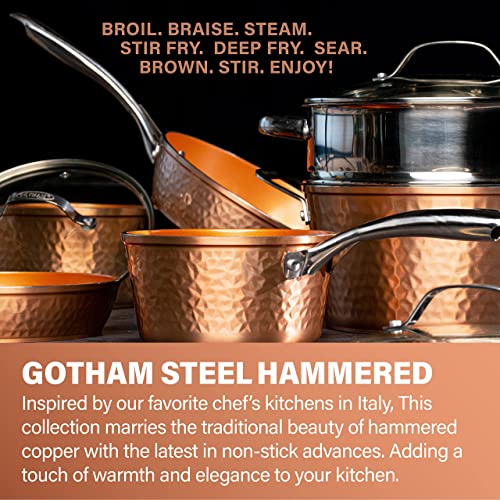 Gotham Steel Hammered Copper Collection – 10” Nonstick Fry Pan with Lid, Premium Cookware, Aluminum Composition with Induction Plate for Even Heating, Dishwasher & Oven Safe