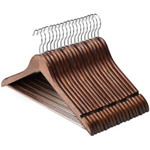 amkufo wooden hangers 20 pack wood suit hangers non slip wooden coat hangers with smooth fnish cut notches 360° swivel hook clothes hangers for jeans pants jackets shirts dresses, walnut