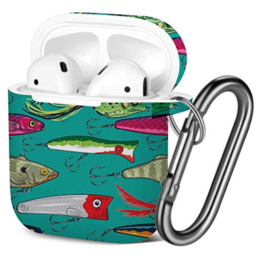 [ Compatible with AirPods 2 and 1 ] Shockproof Soft TPU Gel Case Cover with Keychain Carabiner for Apple AirPods (Pop Colorful Fishing Lures)