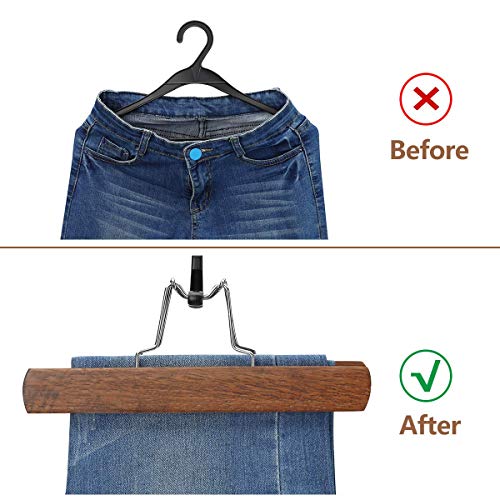 AMKUFO 12 Pack Wooden Pants Hangers with Clips Non Slip Skirt Hangers Walnut Trouser Clamp Hanger Solid Wood Hanger with 360° Swivel Hook