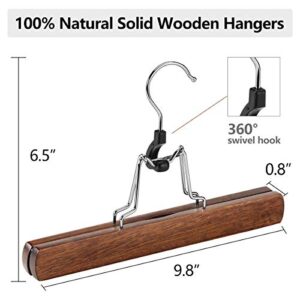 AMKUFO 12 Pack Wooden Pants Hangers with Clips Non Slip Skirt Hangers Walnut Trouser Clamp Hanger Solid Wood Hanger with 360° Swivel Hook