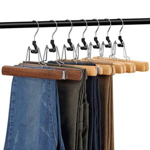 AMKUFO 12 Pack Wooden Pants Hangers with Clips Non Slip Skirt Hangers Walnut Trouser Clamp Hanger Solid Wood Hanger with 360° Swivel Hook