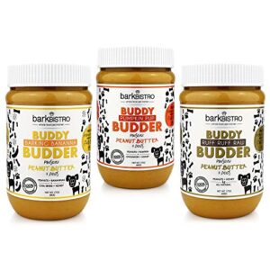 pumpkin pup + ruff ruff raw + barkin banana buddy budder, 100% natural dog peanut butter, healthy dog treats - made in usa (set of 3)