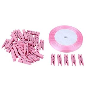 Baby Shower Clothespins,100Pcs Mini Pink Wood Clips with 25 Yard Pink Ribbon,3.5cm Wooden Clothespins Photo Craft Mini Clips