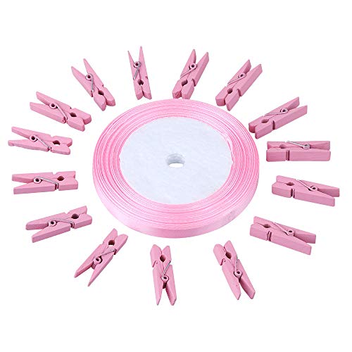 Baby Shower Clothespins,100Pcs Mini Pink Wood Clips with 25 Yard Pink Ribbon,3.5cm Wooden Clothespins Photo Craft Mini Clips