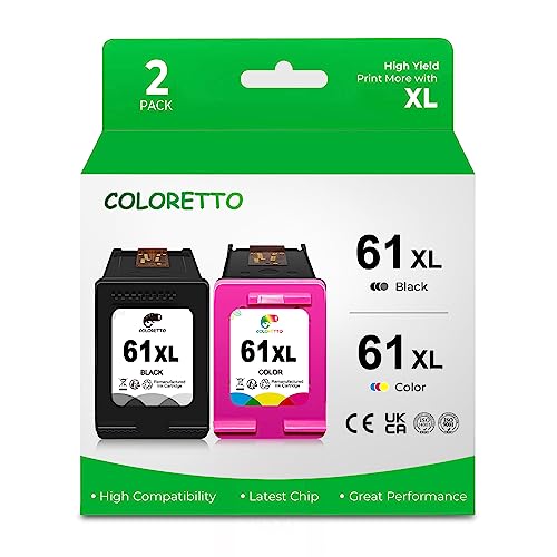 COLORETTO Remanufactured Printer Ink Cartridge Replacement for HP 61XL to use with Envy 4500 5530 5535 Deskjet 1510 1512 3050 3050A Officejet 2620 4630 (1 Black+1 Color) Combo Pack